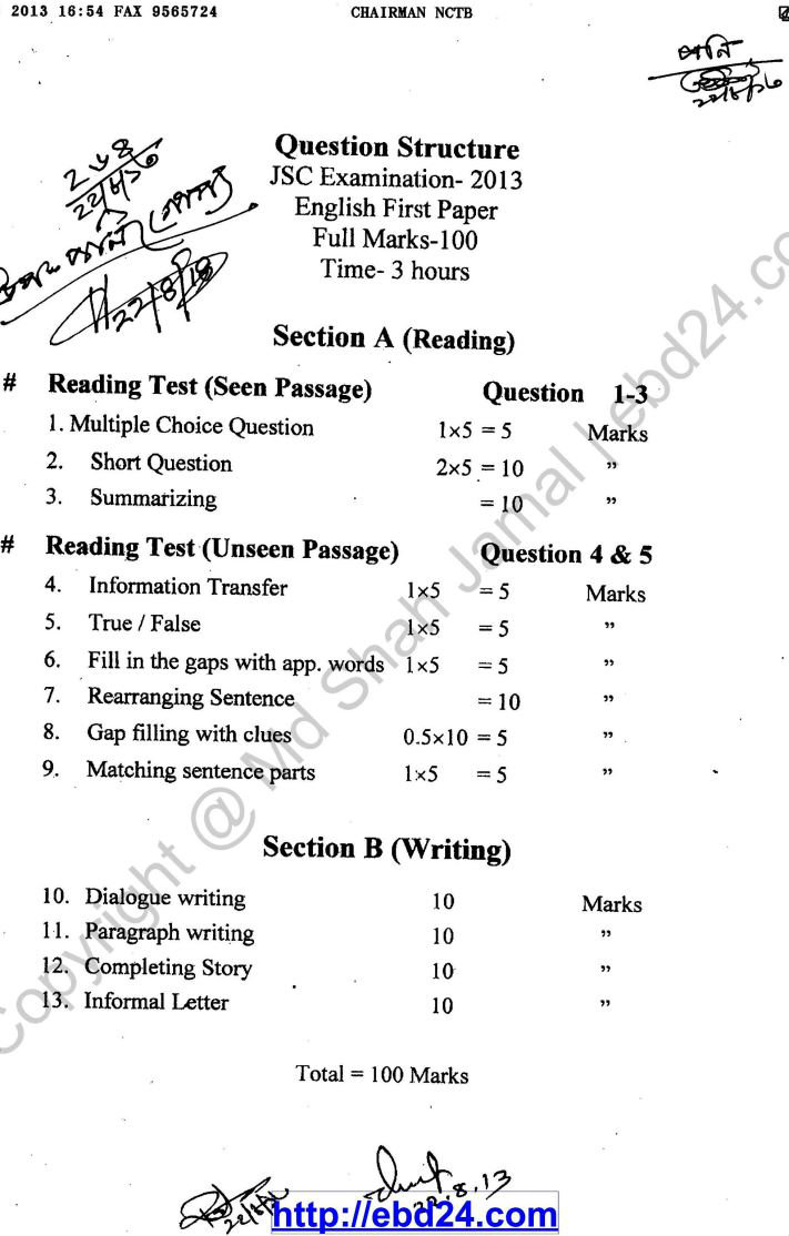 Sample Question of English First Paper for Jsc Examination 2013
